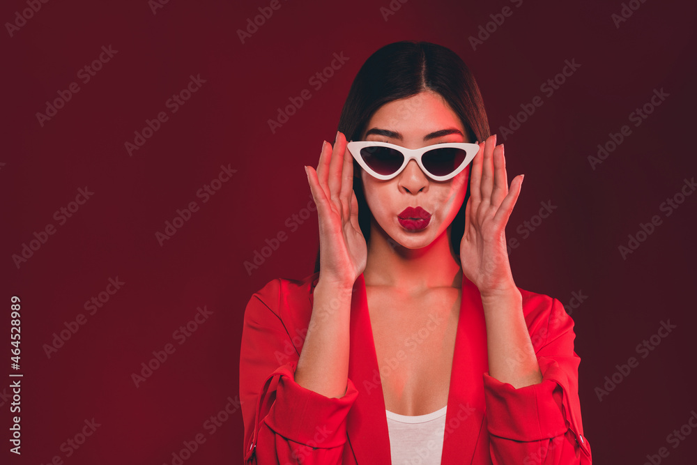 Portrait of gorgeous funny funky girl touching specs nightclub event ...