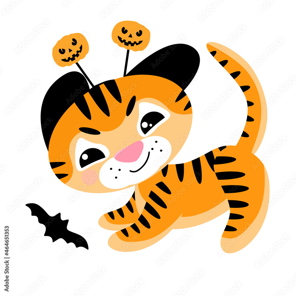 Vector cute little tiger cub, in Halloween pumpkins rim on head, hunts ...