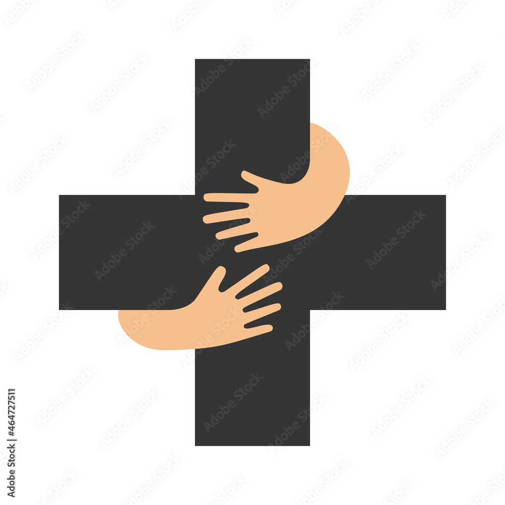 Human hands embracing or holding plus sign vector flat illustration ...