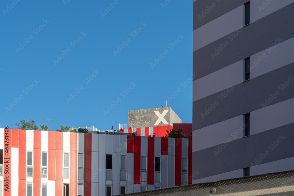 Selective focus on a modern building with straight lines, with metal ...