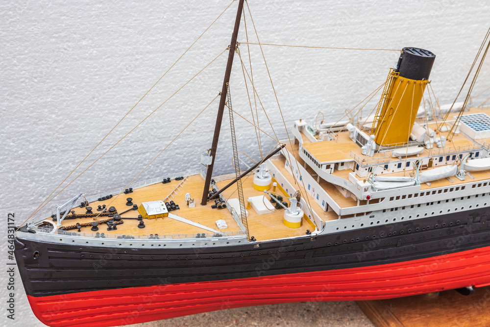 Close up view of part of wooden Titanic ship model. Beautiful wooden ...