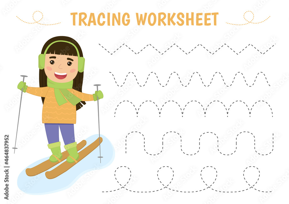 Tracing lines and handwriting practice sheet for children. A cute girl ...