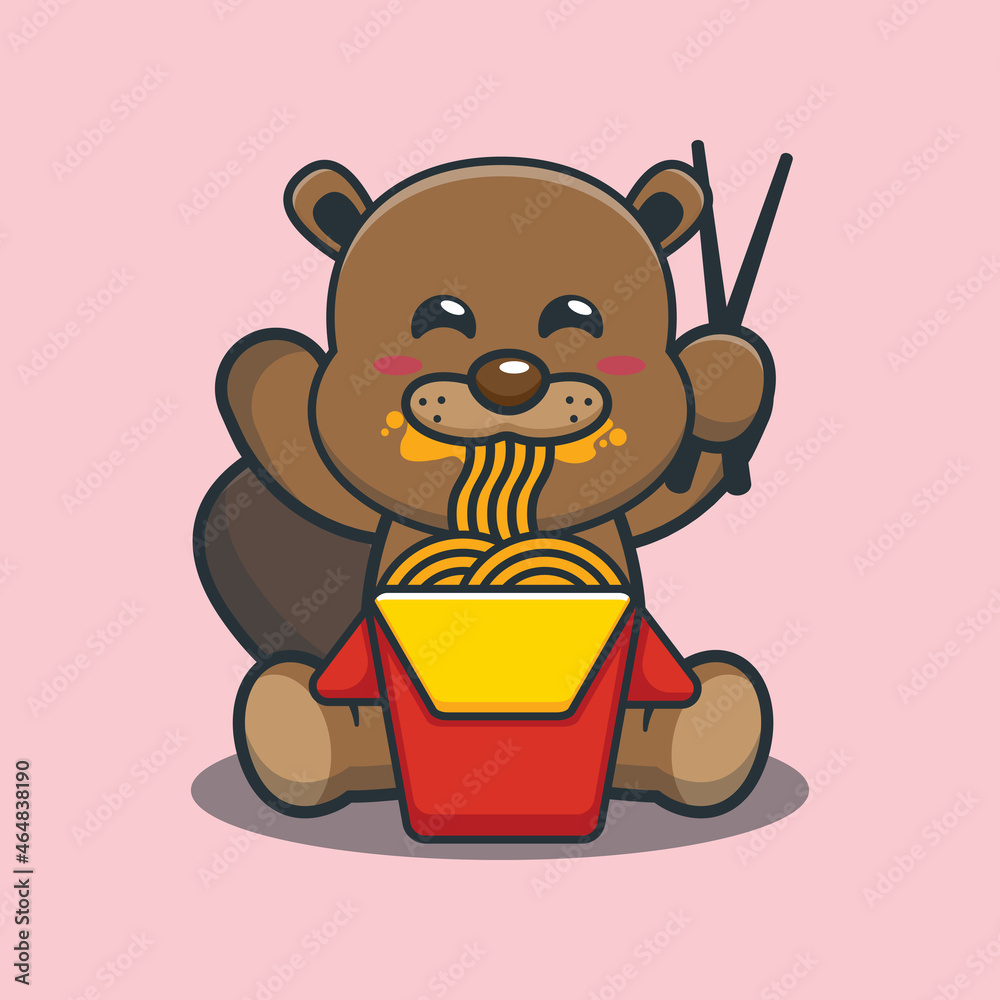Cute beaver eating noodles. Cute animal cartoon illustration. Vector ...