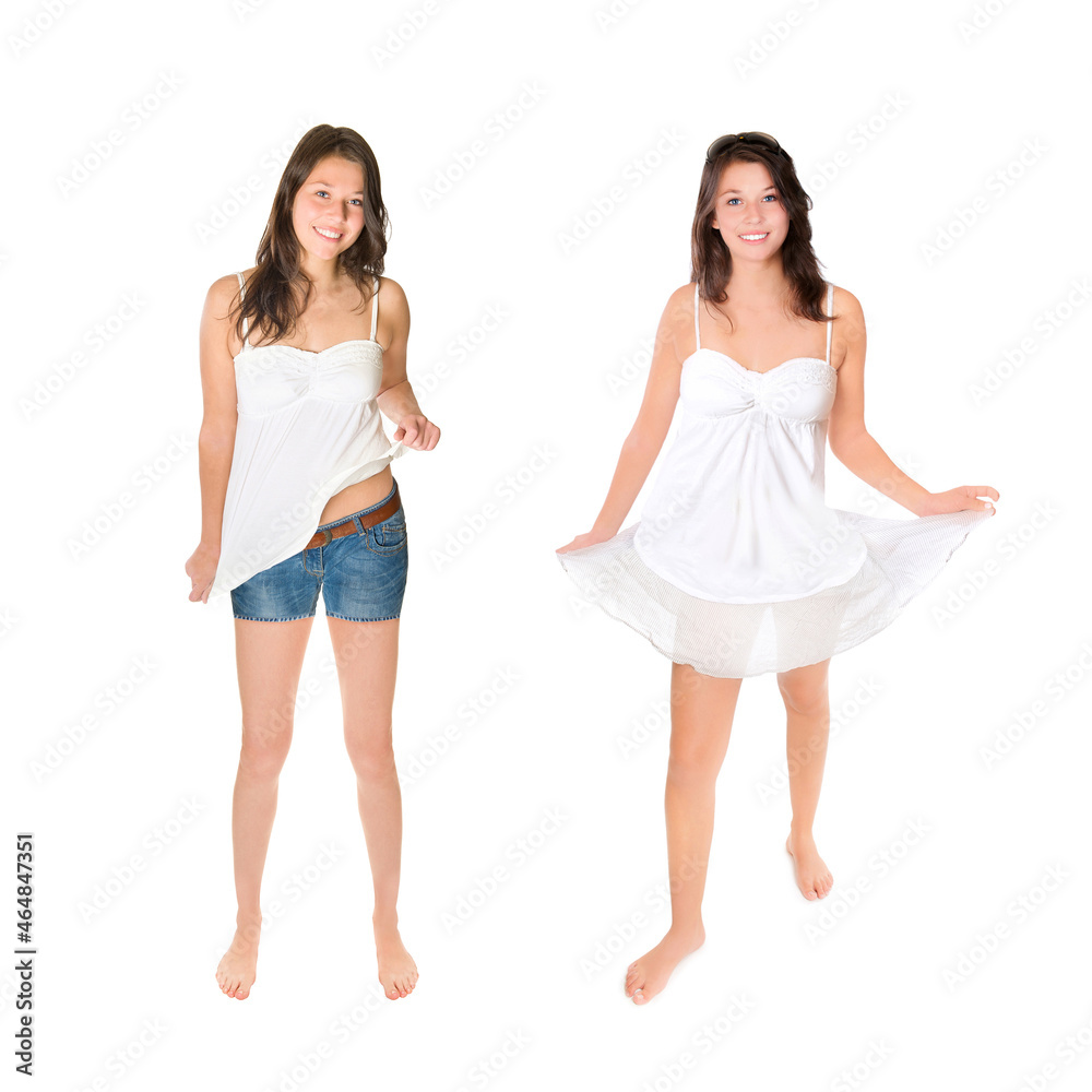 Two full length portraits of a happy young woman wearing short blue jeans and and a miniskirt ...