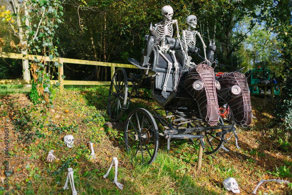 spooky halloween decoration with two real size skeletons riding in a ...