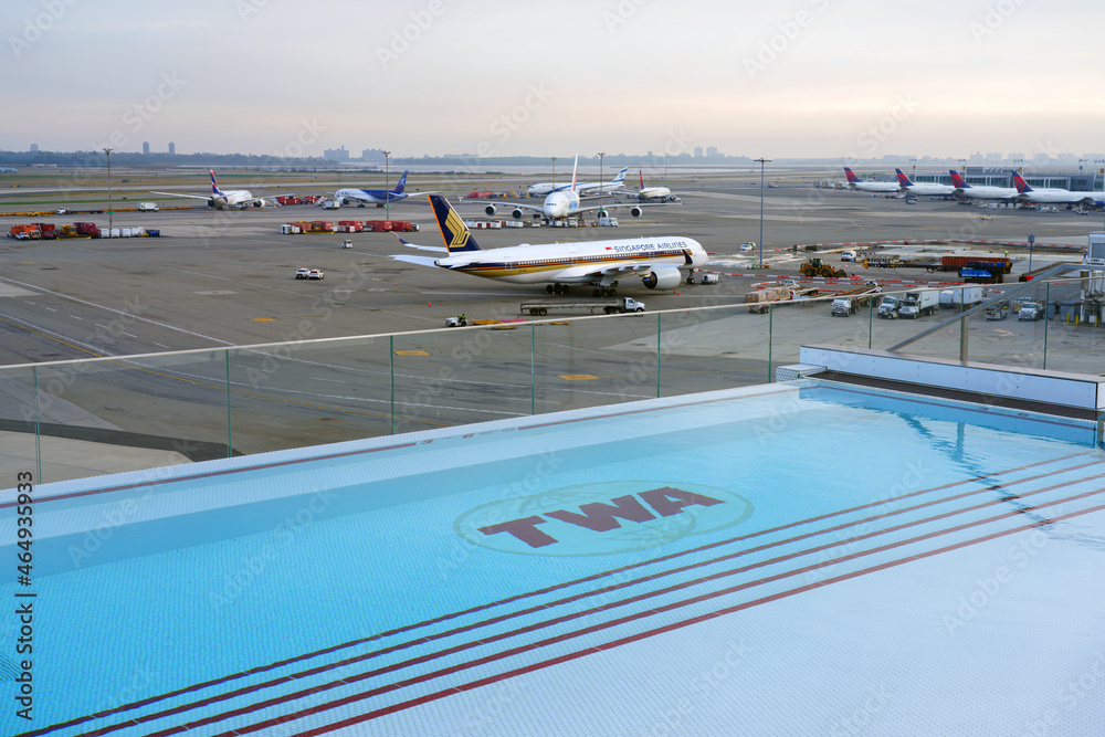 NEW YORK -8 OCT 2021- View of the swimming pool on the roof of the TWA ...