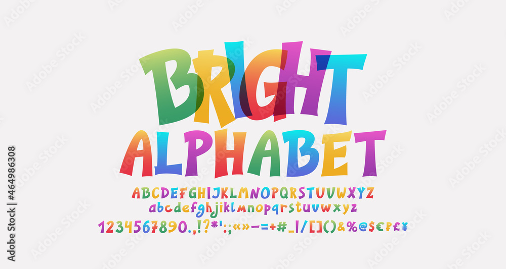 Cartoon colored font, bright transparent alphabet letters and numbers ...
