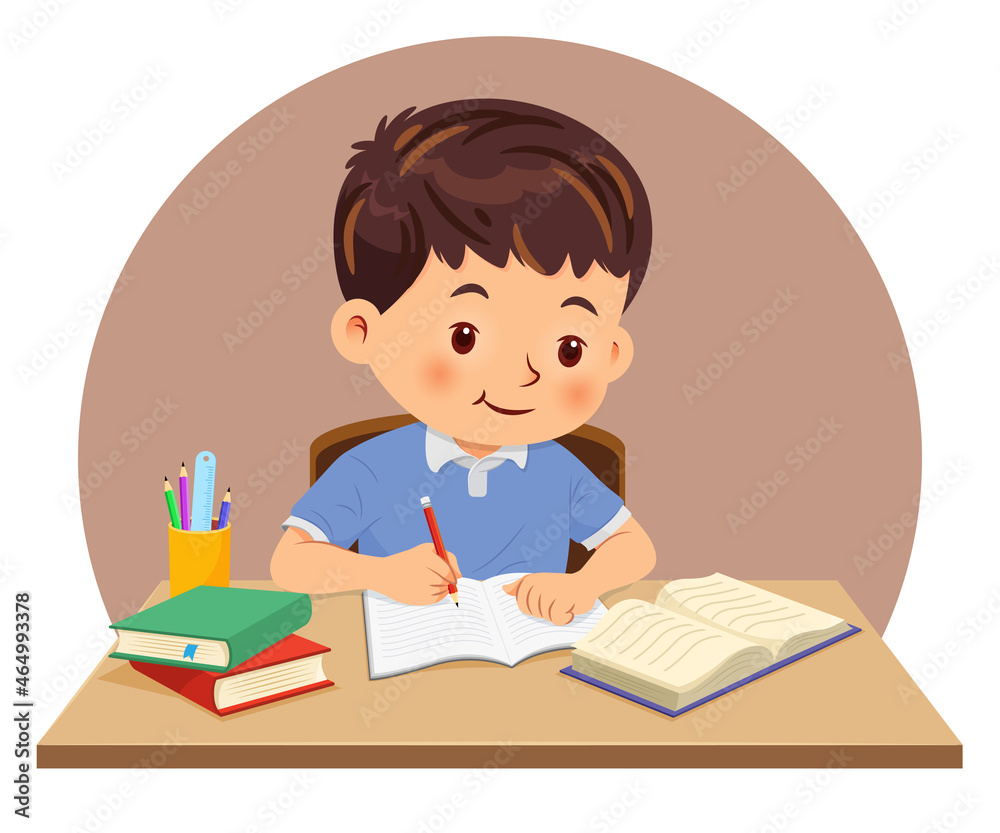 Little boy doing homework by read and writing on his desk. Vector ...