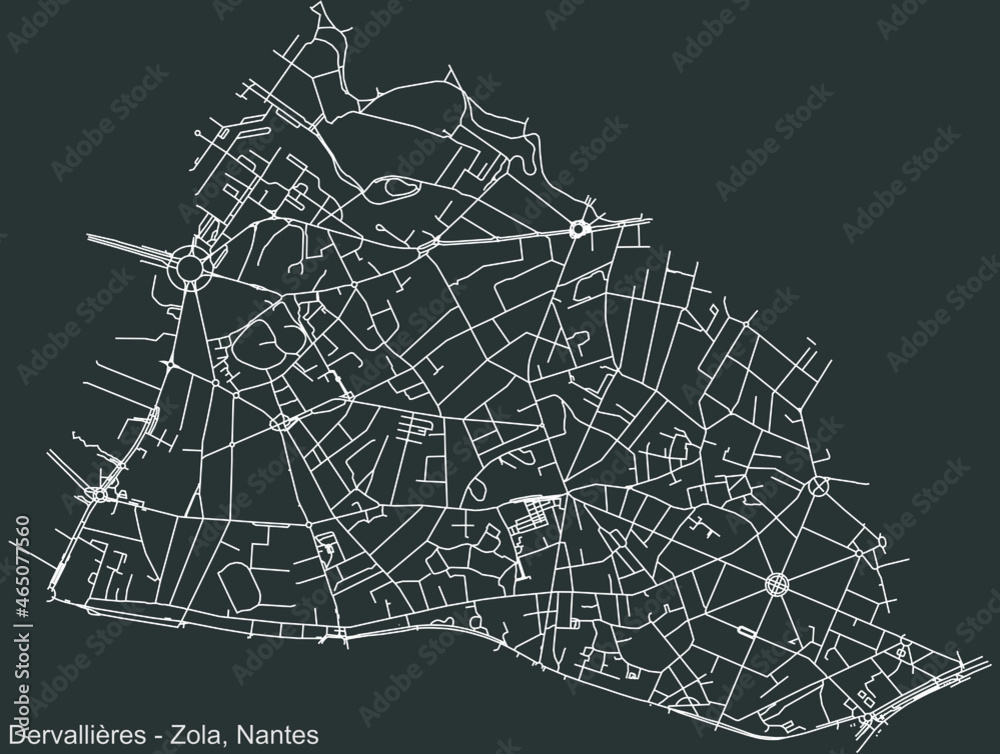Detailed negative navigation urban street roads map on dark gray ...