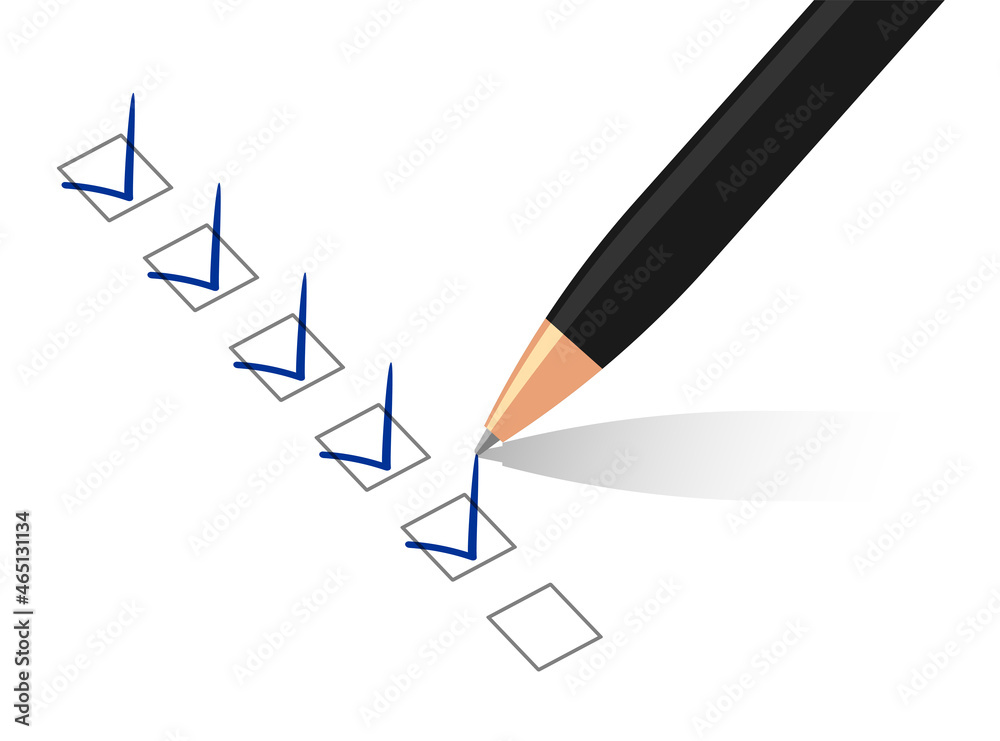 Vector blue check mark symbols on checklist with pen. Vector isolated ...