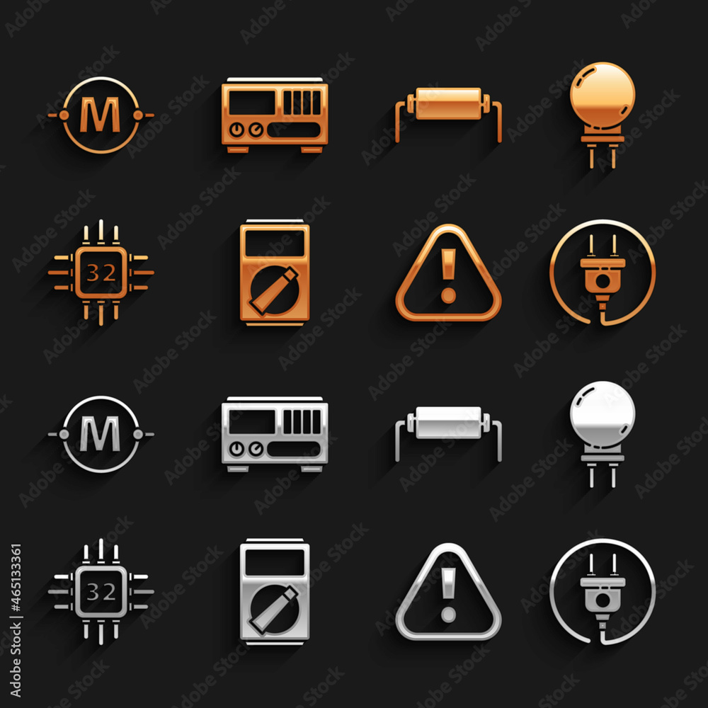 Set Multimeter Light Emitting Diode Electric Plug Exclamation Mark Triangle Processor With