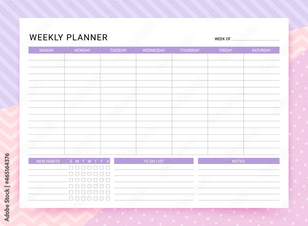 Weekly planner. Timetable with habit tracker, to do list and notes ...
