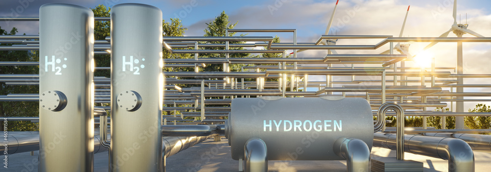 Industrial production line with modern hydrogen storage and H2 Hydrogen ...