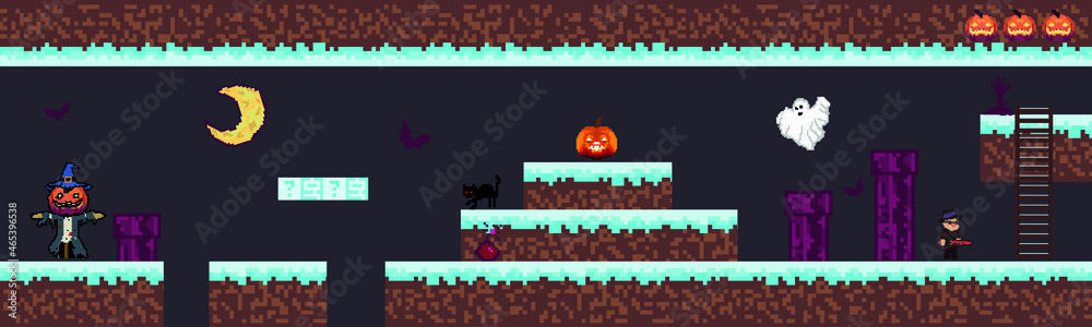 Retro video games, halloween arcade games ghosts, monsters, card ...