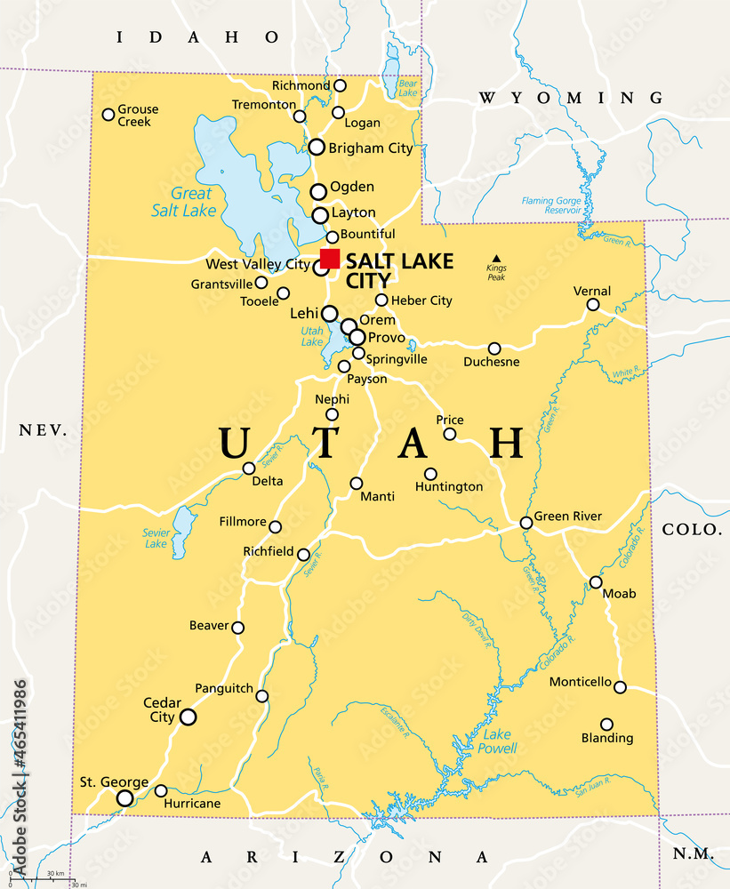 Utah, UT, political map, with the capital Salt Lake City. State in the ...