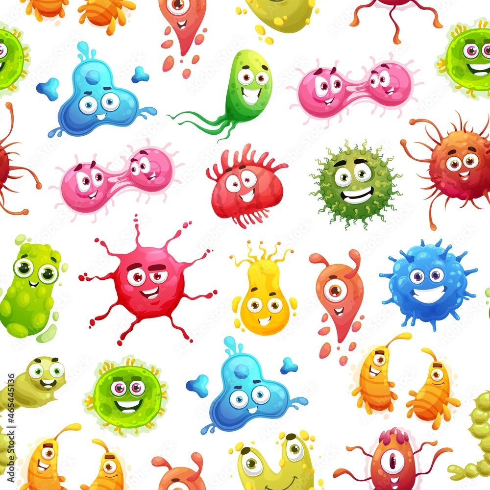 Cartoon viruses, germs, microbes and bacteria seamless pattern, vector ...