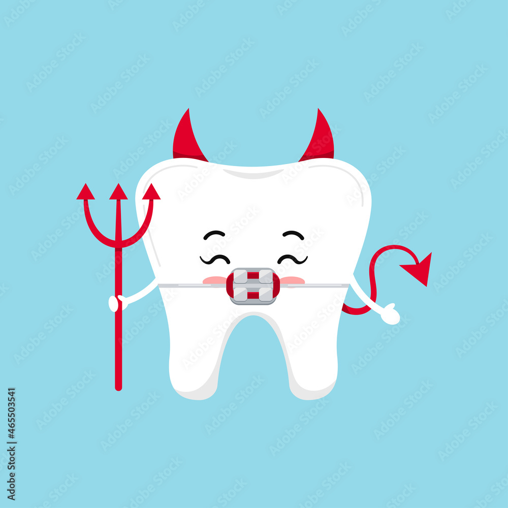 Cute tooth in braces emoji devil isolated on blue background. Flat ...