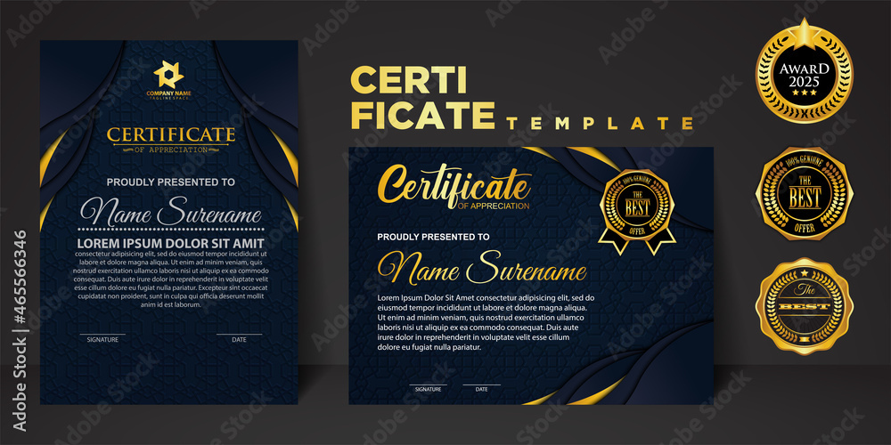 Set vertical and horizontal certificate template with ribbon line ...