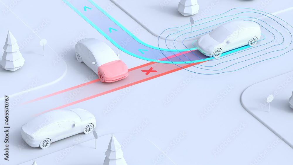 Autonomous self driving electric car with radar sensors avoiding other ...