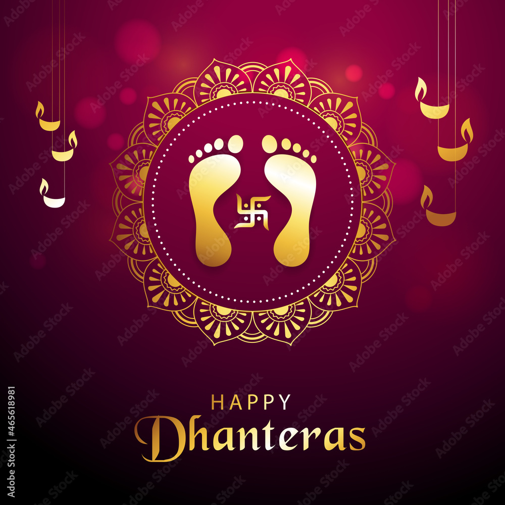 Happy Dhanteras Festival Greeting with decorative elements, dia oil ...