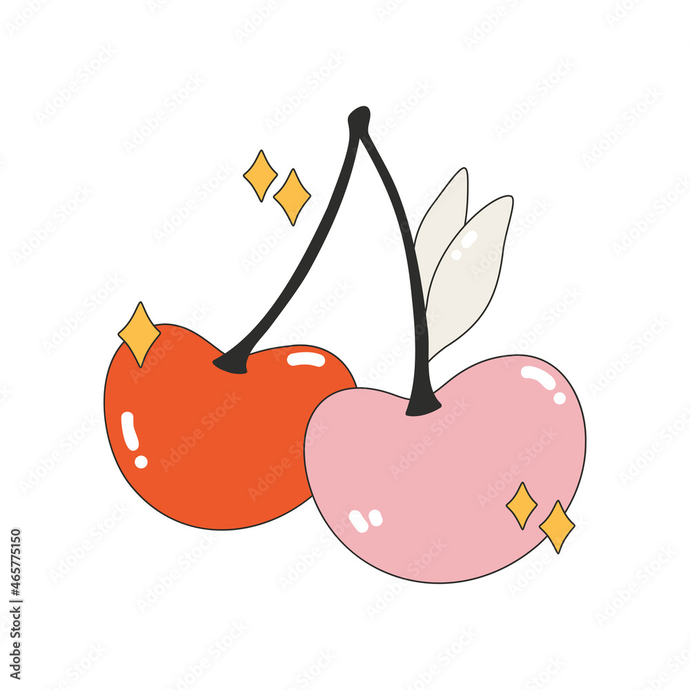 Pink and red cherry icon in cartoon style. Nostalgia for the 2000 years ...