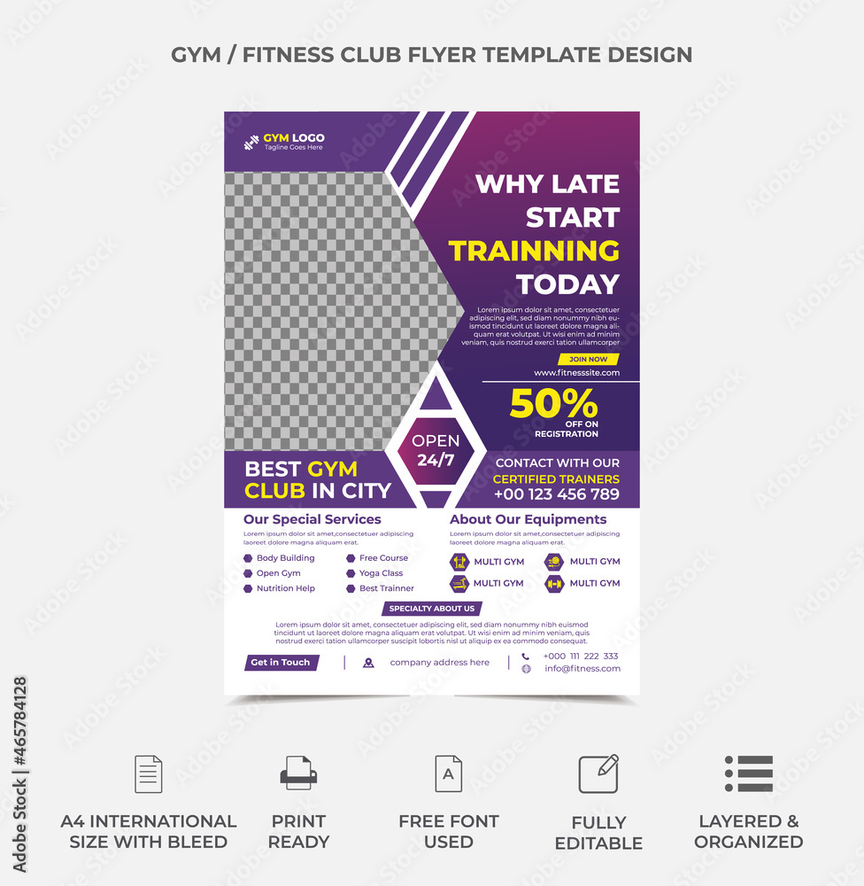 gym club flyer template design with an image placement, professional ...