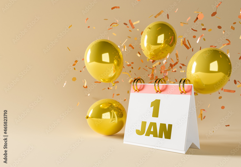 january 1st calendar with golden balloons and confetti Stock ...