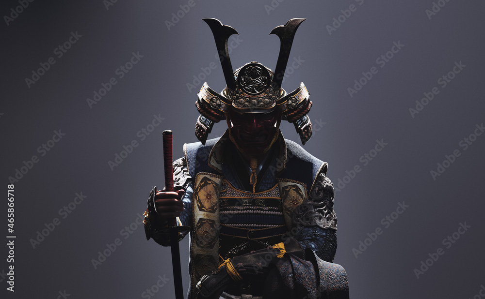3D illustration of the upper body of a samurai wearing Japanese armor ...