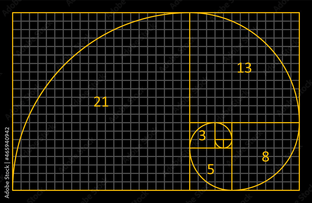 Golden Ratio Fibonacci. A spiral for harmony, composition, logos and designs. Correct ...