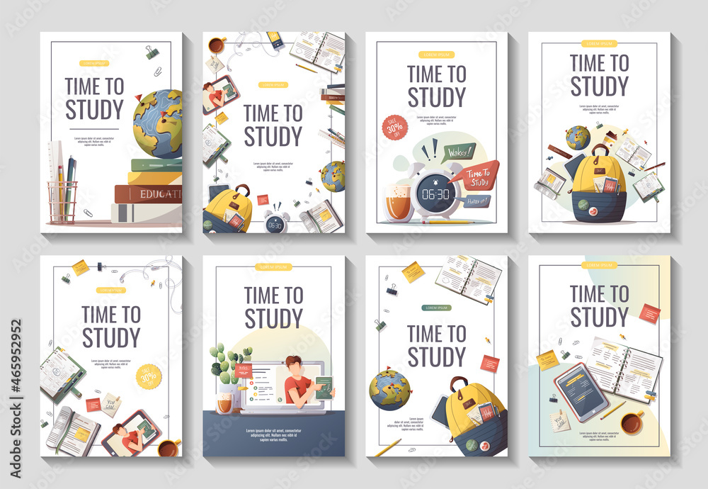 Set of flyers with study supplies for Studying, education, learning ...