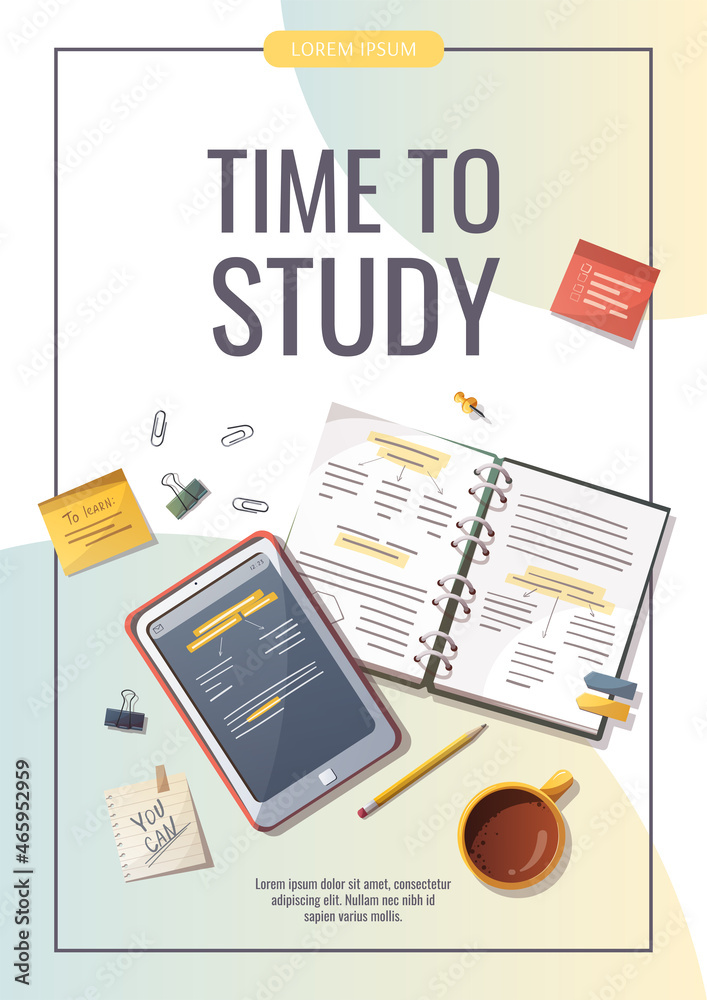 Flyer design with notebook, tablet and study supplies. Studying ...