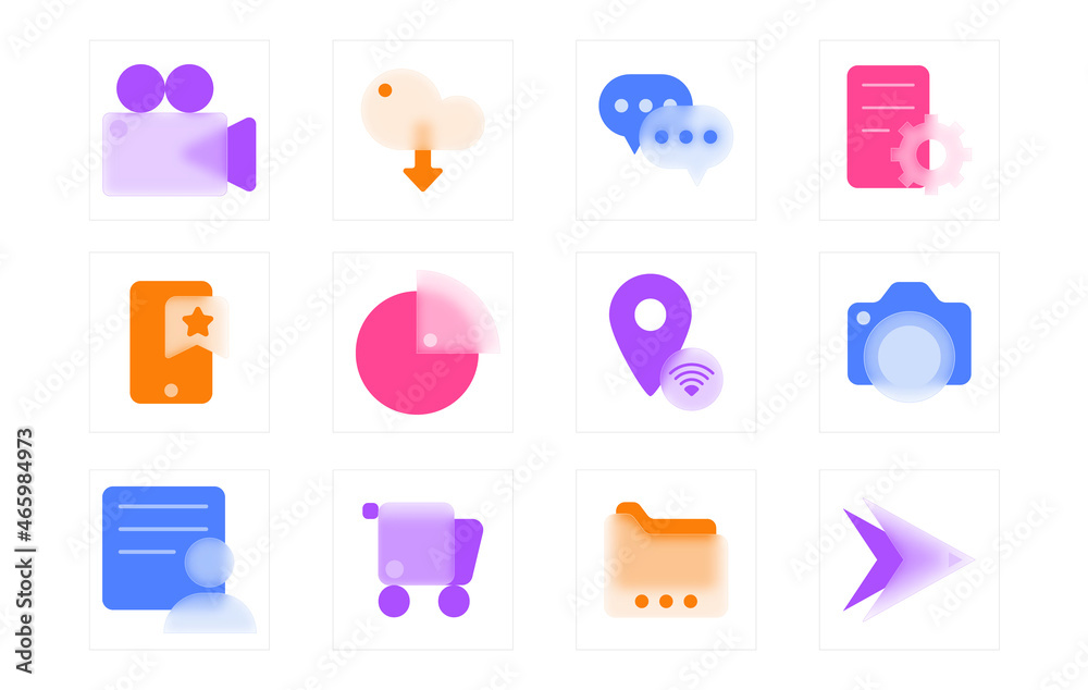 Icons set in glassmorphism style. Camera, video camera, folder, notepad ...