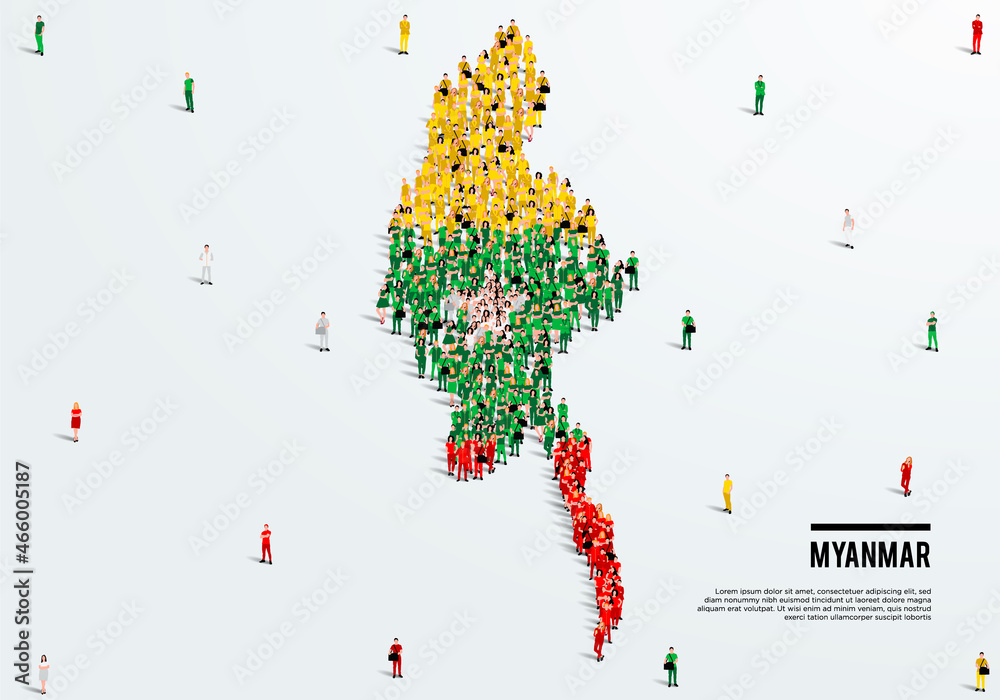 Myanmar Map and Flag. A large group of people in the Burma flag color ...