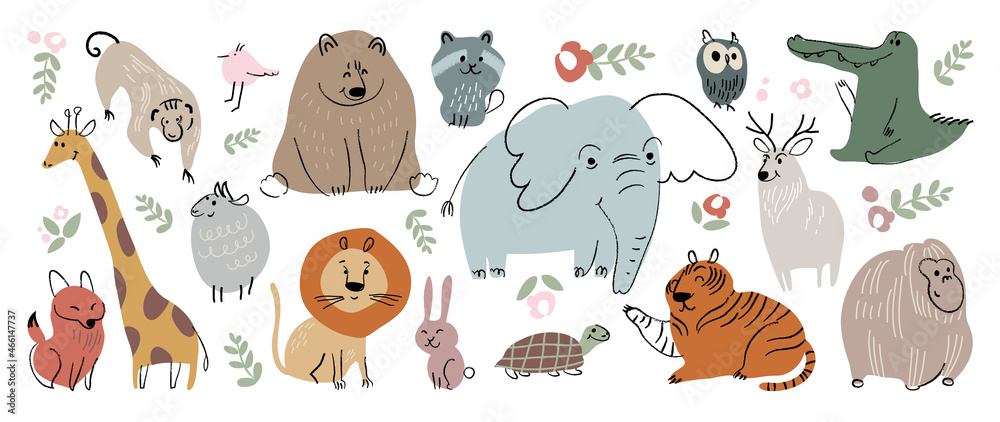 Cute animal vector set. Hand drawn characters.Vector illustration Stock ...