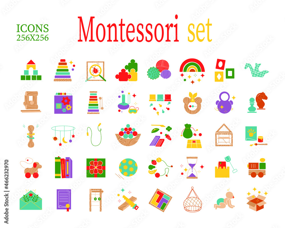 Vector flat colorful collection of icons for early children education ...