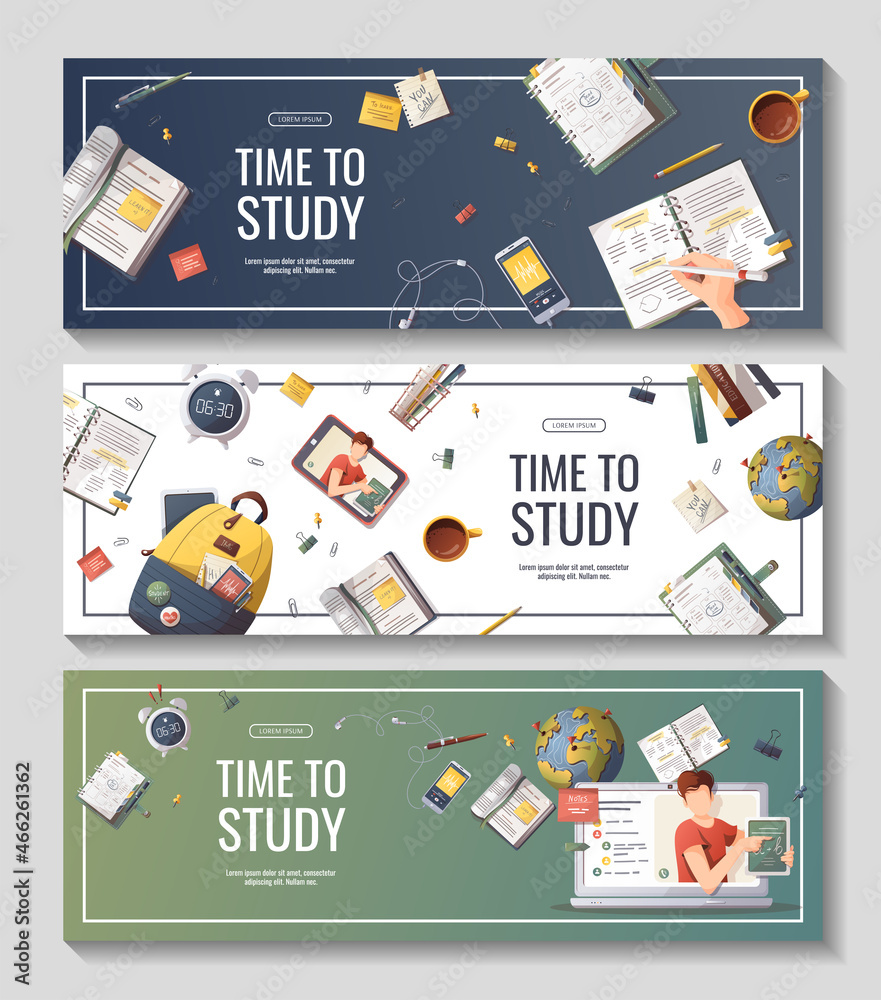 Set of banners with study supplies for Studying, education, learning ...