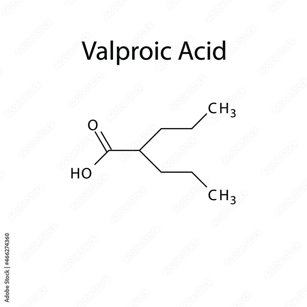 Valproic Acid molecular structure, flat skeletal chemical formula. Anti ...