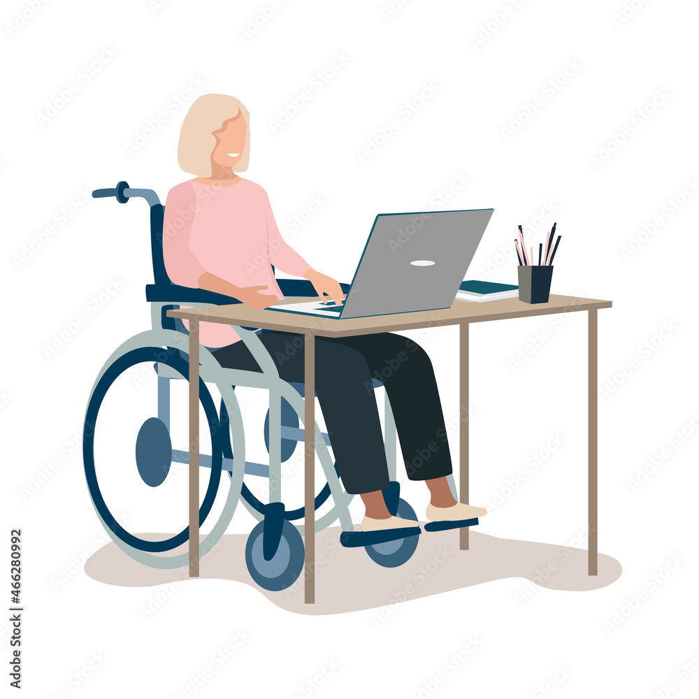 Disabled girl in a wheelchair works at a laptop in the office ...