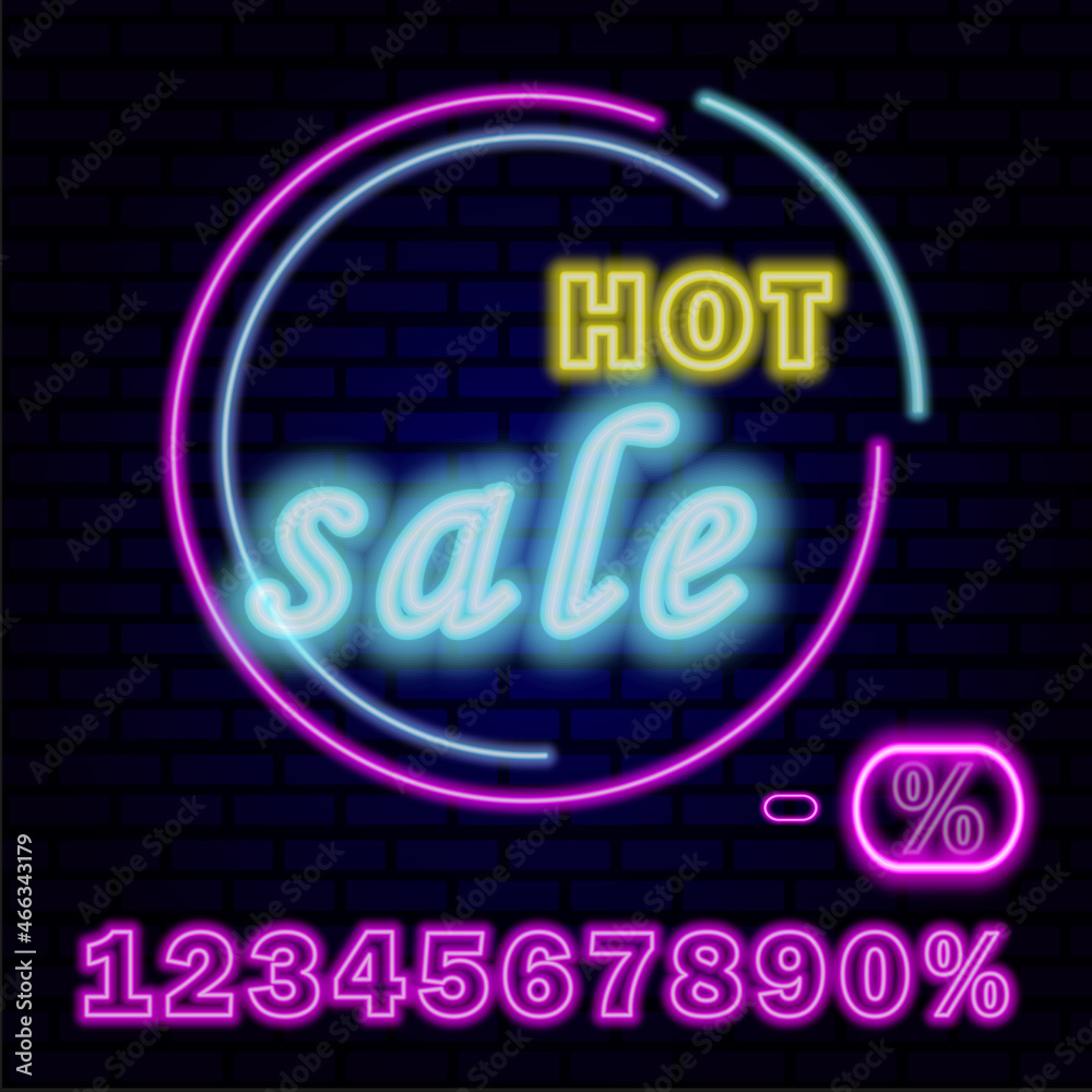 Realistic neon light sale sign, sticker. Set of neon numbers. Change ...