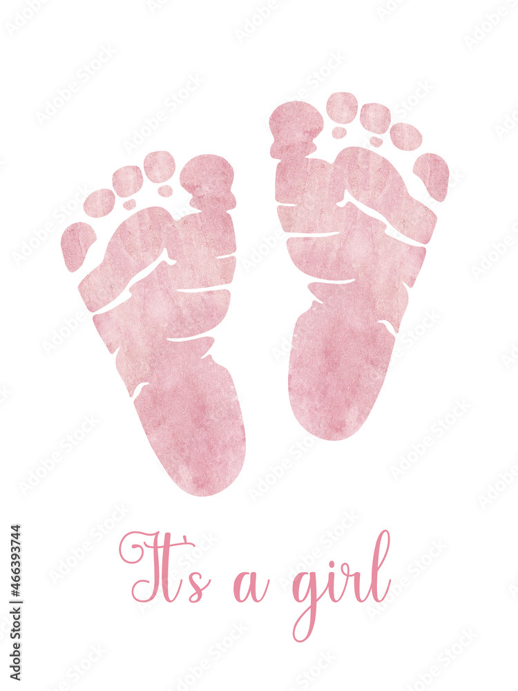 Watercolor hand drawn baby girl pink foot print isolated on white ...
