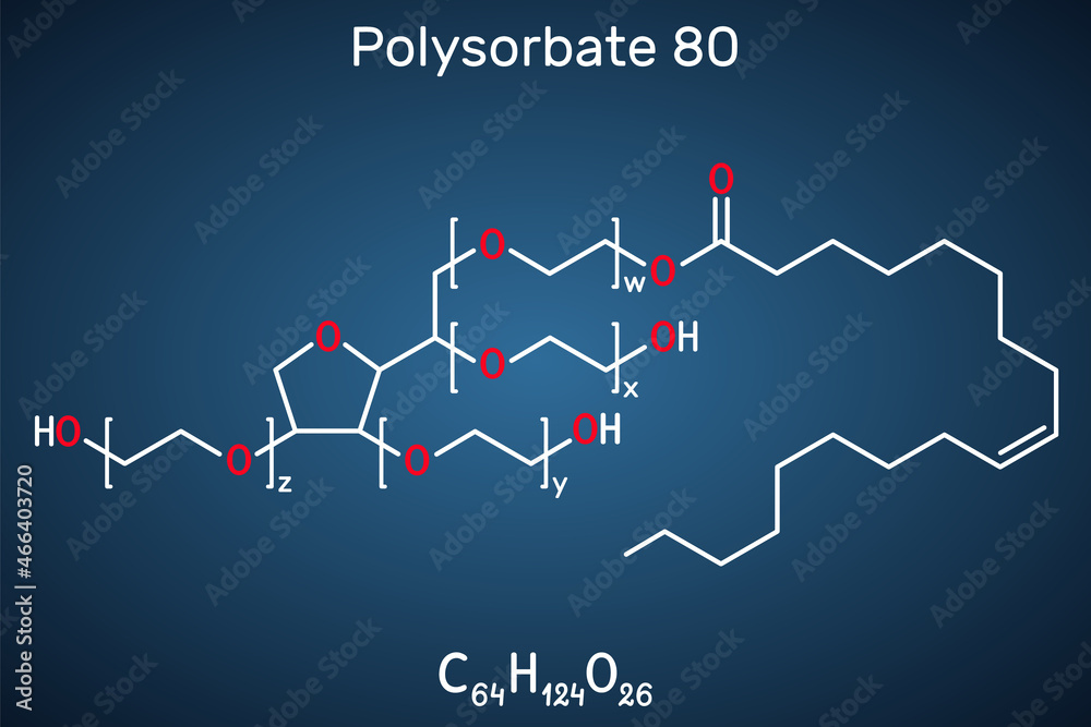Polysorbate 80 molecule. Polysorbate is nonionic surfactant and emulsifier. Structural chemical ...