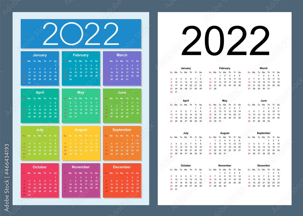 Colorful calendar for 2022 year. Week starts on Sunday. Vertical ...