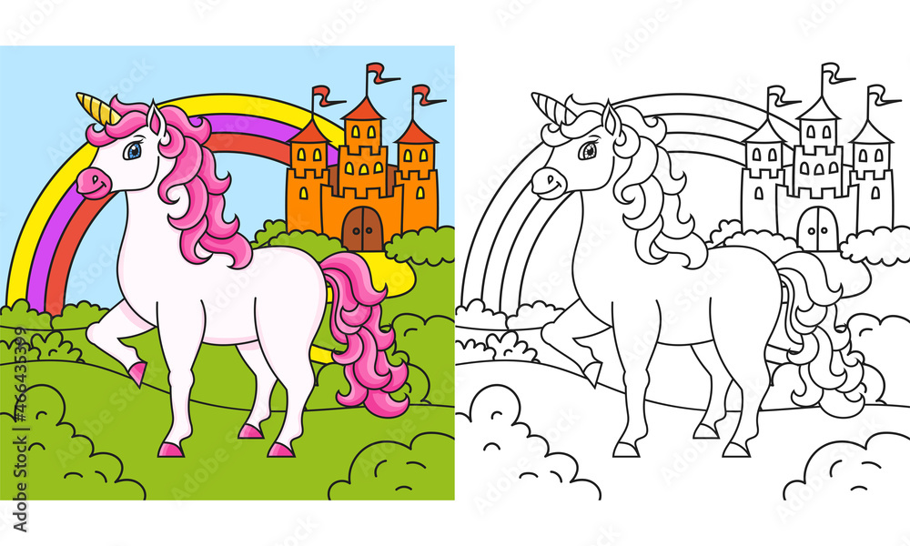 Cute unicorn. Magic fairy horse. Coloring book page for kids. Cartoon ...