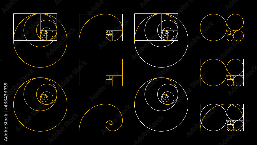 Golden Ratio Fibonacci set. A spiral for harmony, composition, logos ...