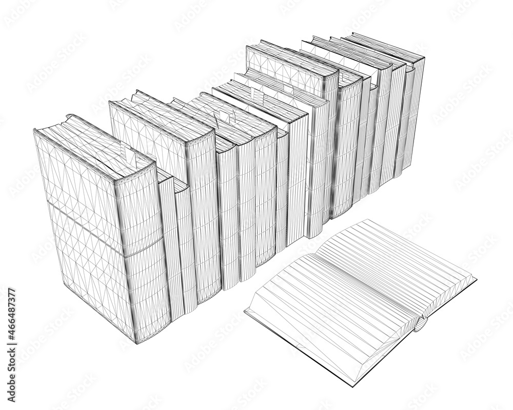 Wireframe of stack of books from black lines isolated on white background. One open book ...
