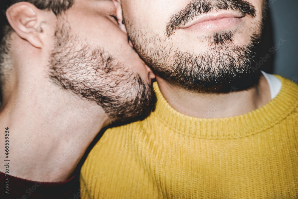 Gay male couple kissing on the neck - Lgbt, homosexual love concept - Vintage filter Stock Photo ...
