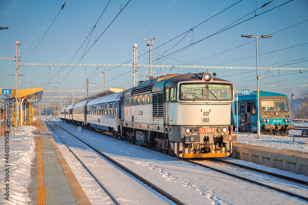 Fast train of Ceske Drahy company from Trutnov to Praha in ...