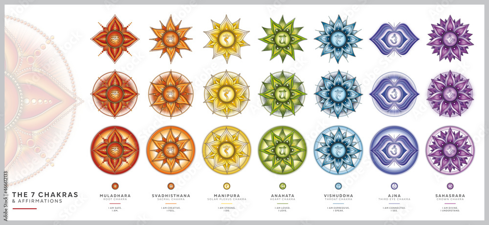 Chakra symbols set with affirmations for meditation and energy healing ...