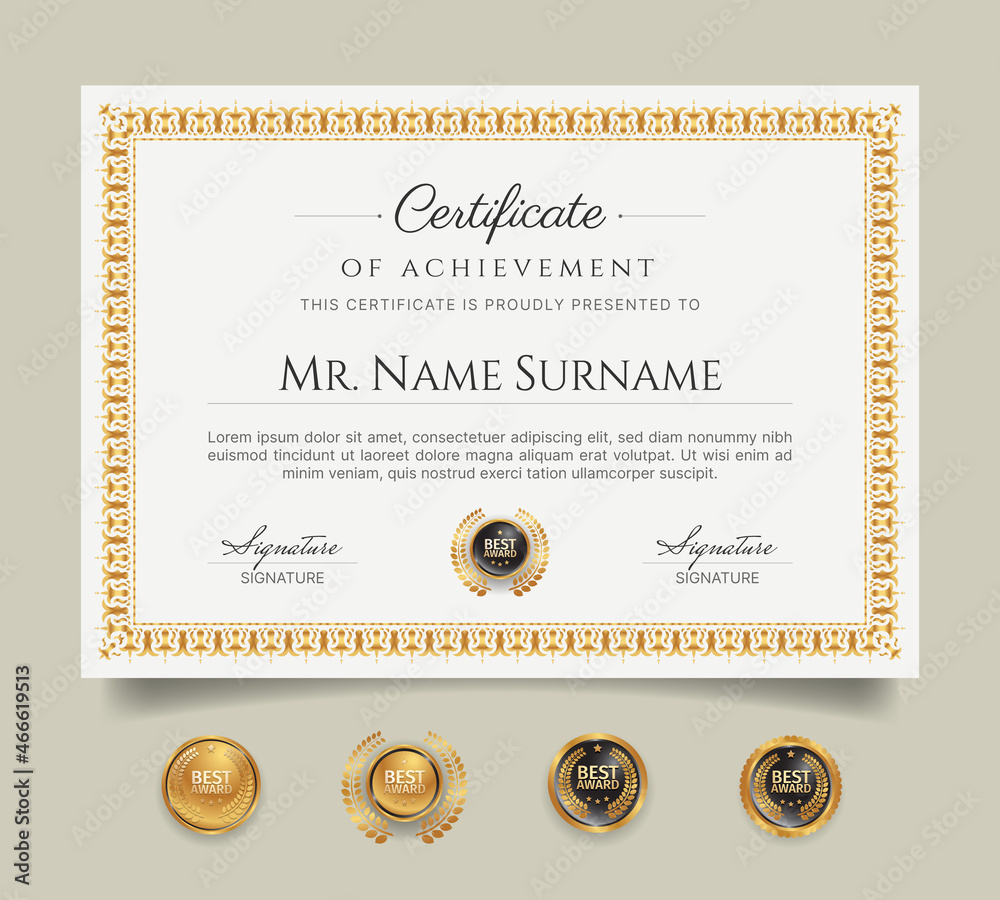 Certificate of appreciation border template with golden badges Stock ...