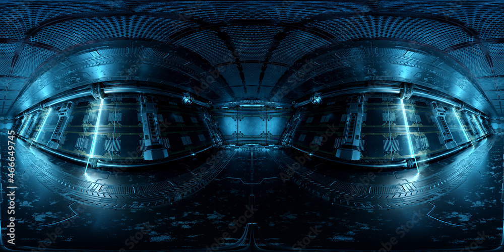HDRI panoramic view of dark blue spaceship interior. High resolution ...